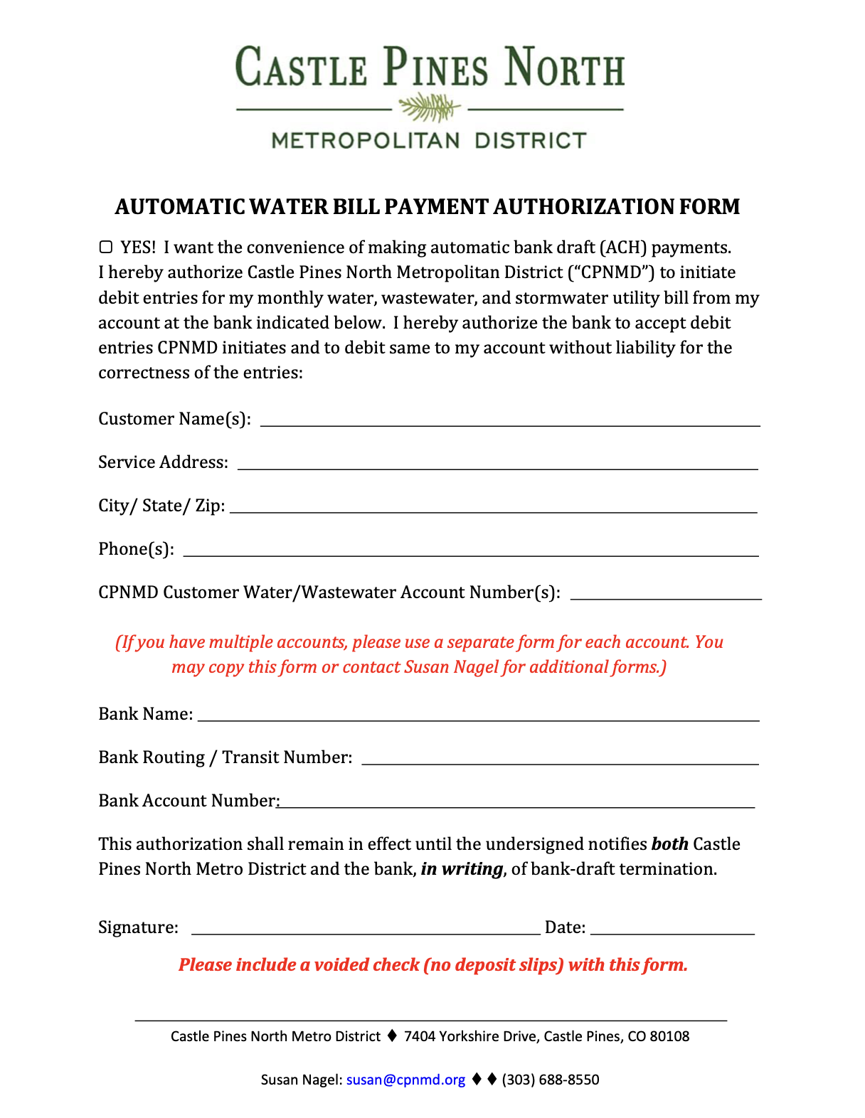 Automatic Bill Payment Authorization (ACH) - Castle Pines North ...